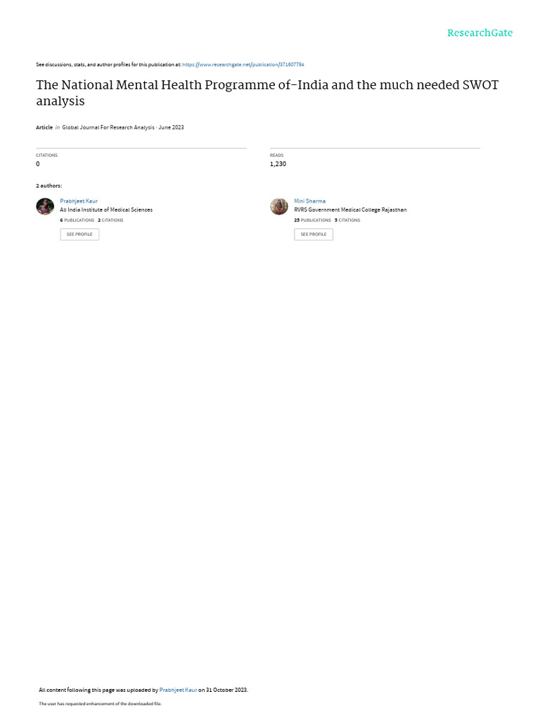 The National Mental Health Programme of India and The Muchneeded Swot ...