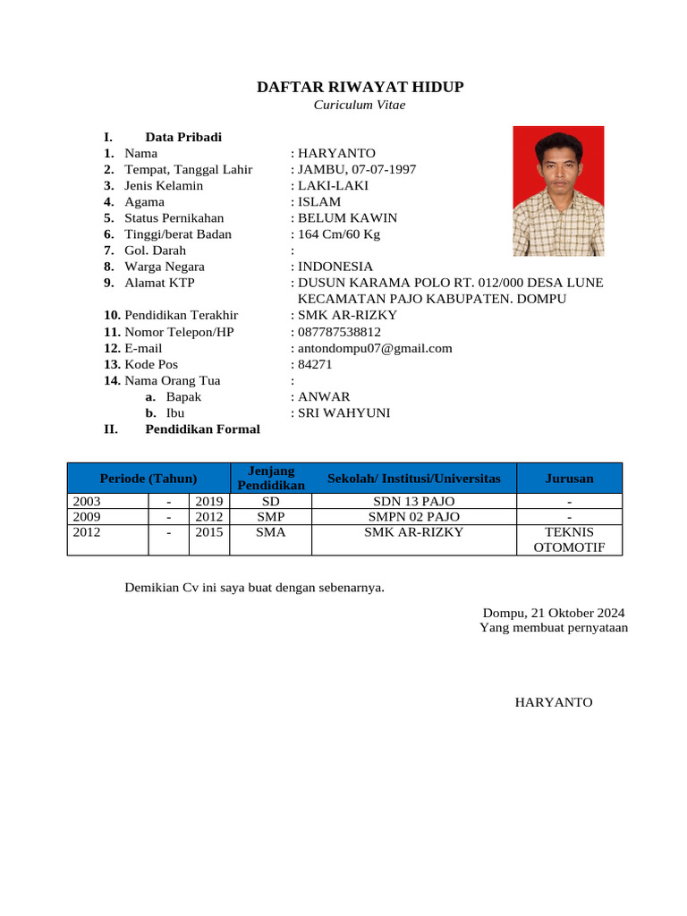 CV Haryanto: Data Pribadi dan Pendidikan | PDF