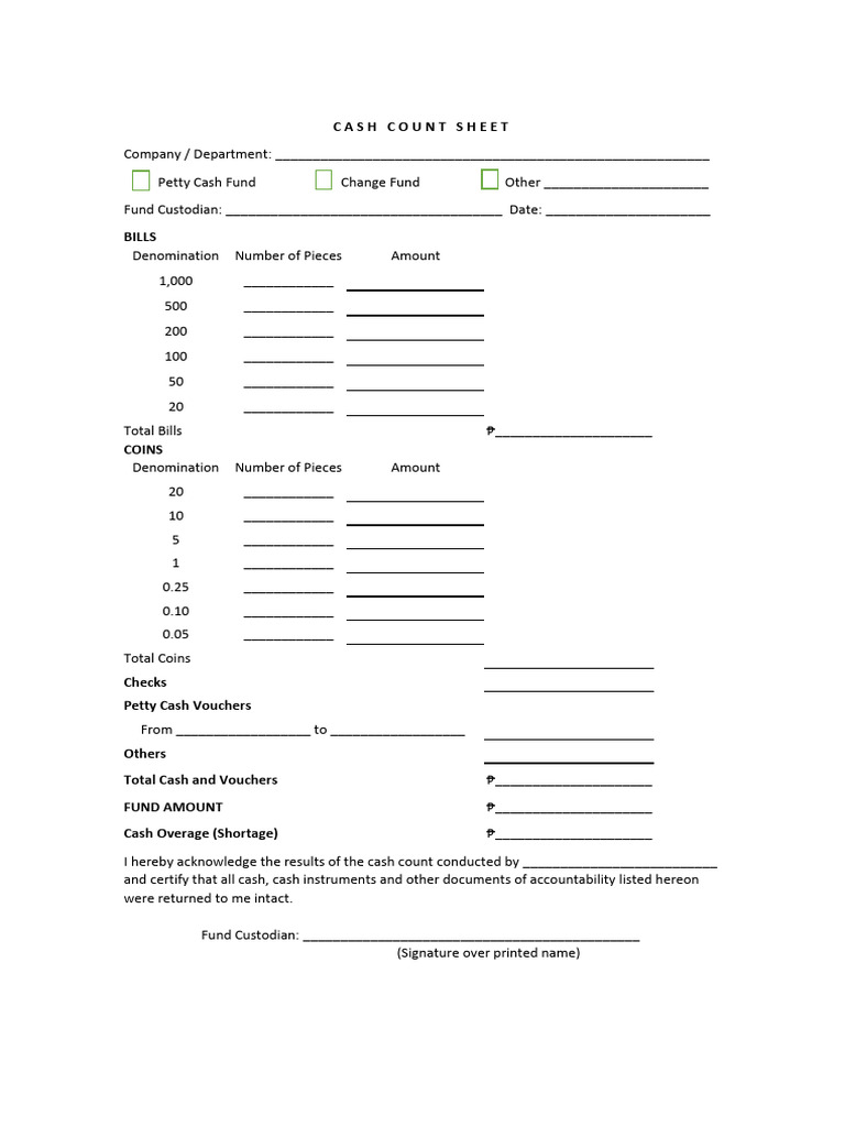 Cash Count Sheet | PDF | Finance & Money Management