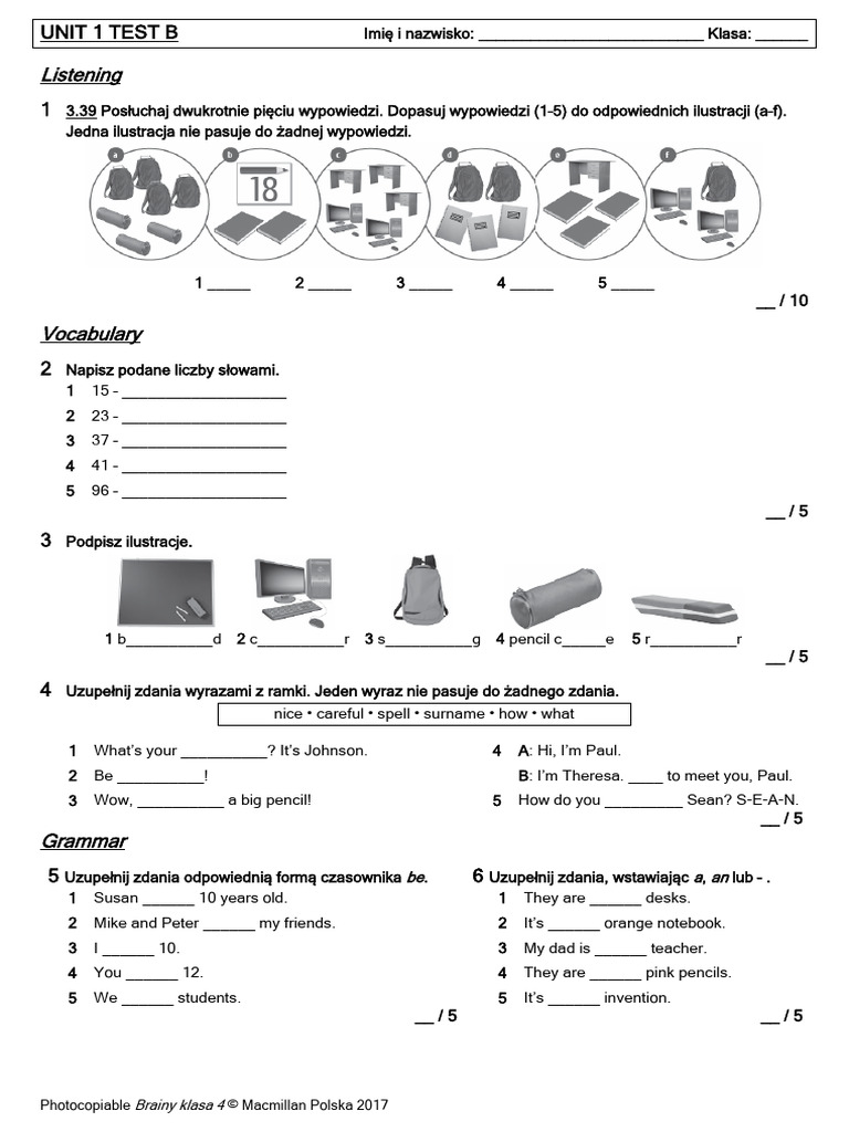 sprawdzian-Klasa-4-Brainy-Test-unit-1b | PDF