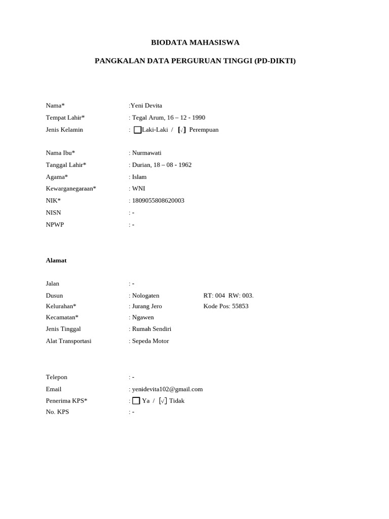 Format Biodata PD-DIKTI | PDF