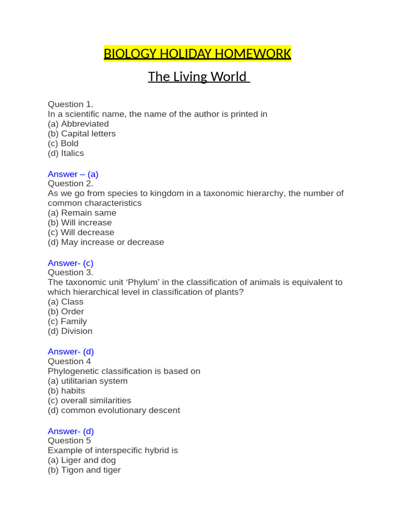 Biology Holiday Homework | PDF | Photosynthesis | Taxonomy (Biology)
