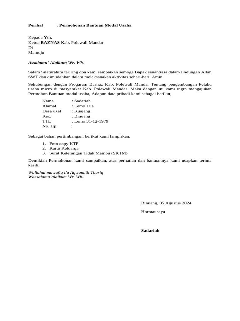 Permohonan Modal Usaha BAZNAS Polewali | PDF
