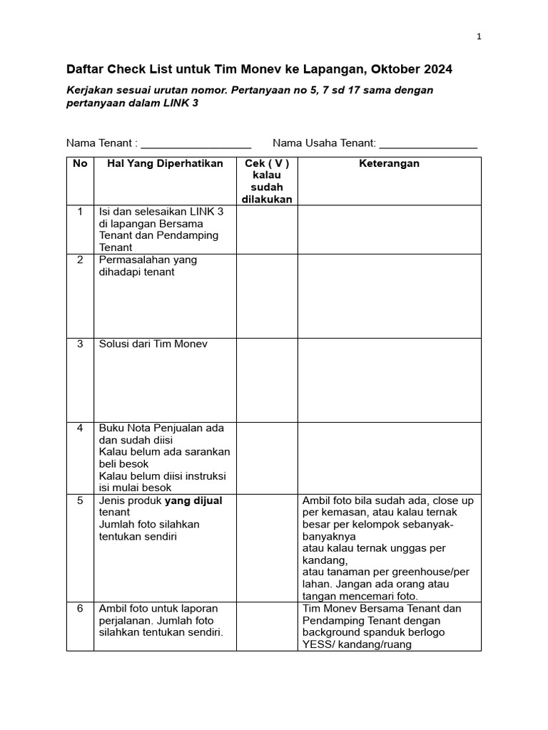 Daftar Check List Untuk Tim Monev Ke Lapangan | PDF