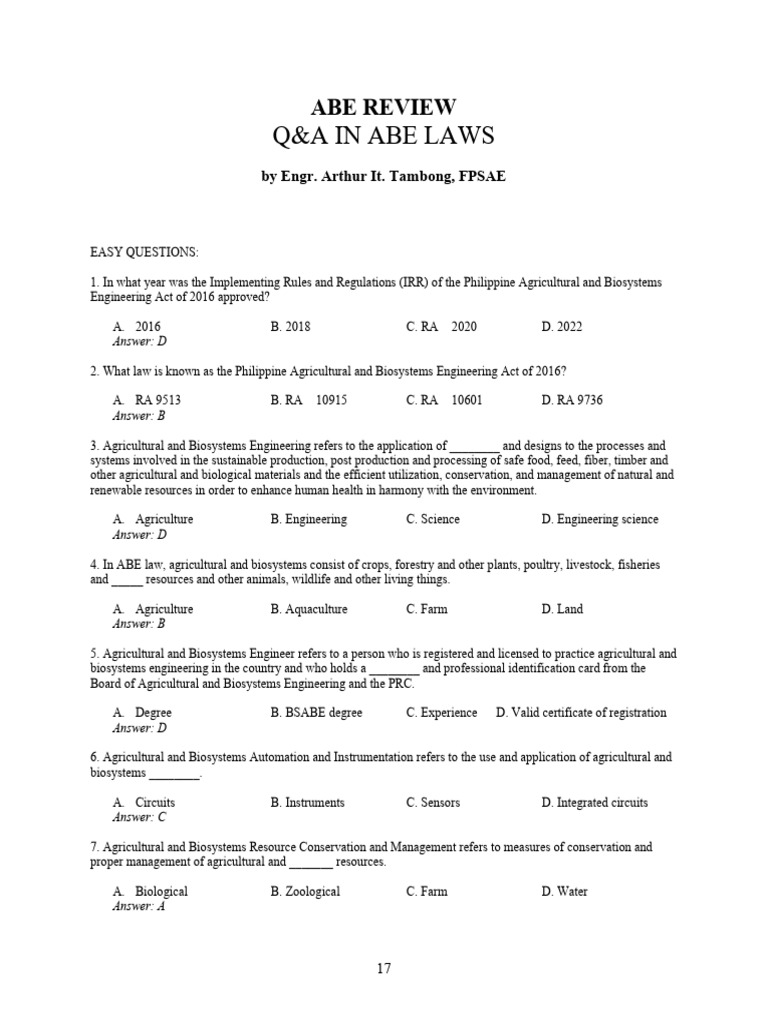 QA in ABE Laws Engr. Arthur It. Tambong FPSAE | PDF | Agriculture | Engineering
