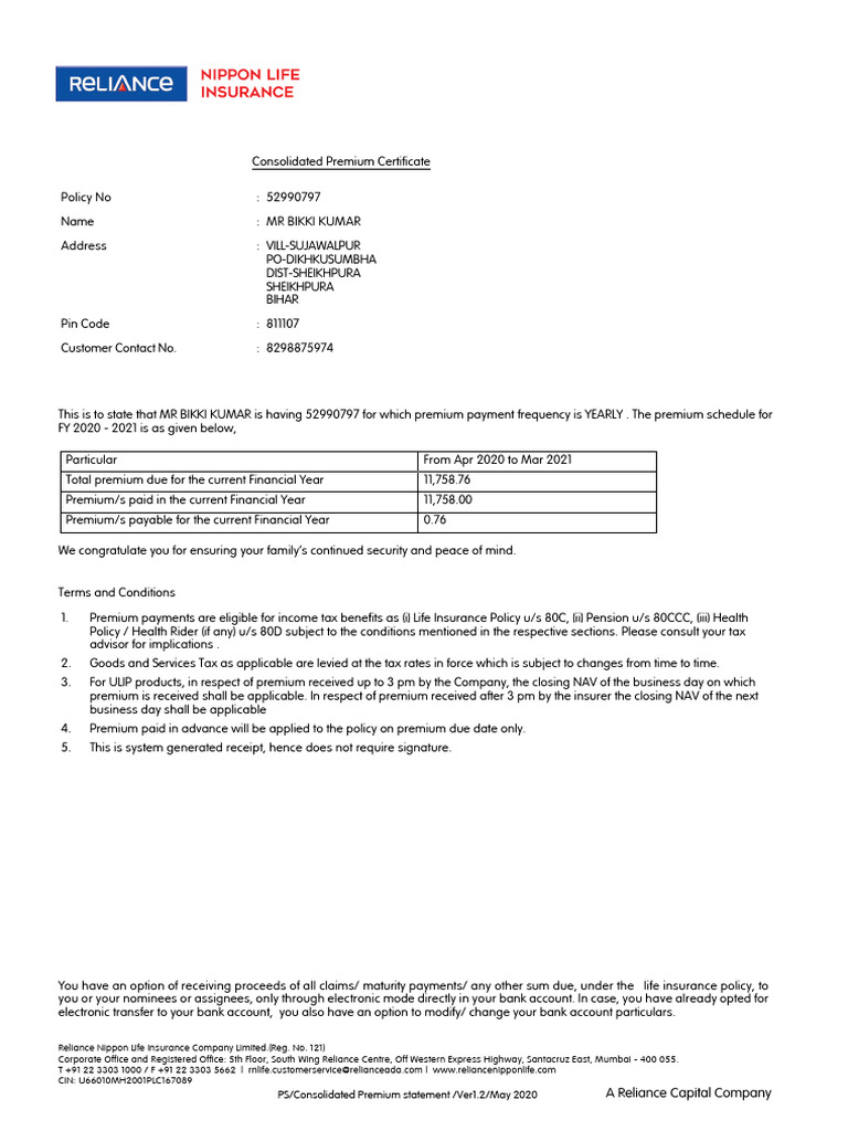 PS/Consolidated Premium Statement /Ver1.2/May 2020: A Reliance Capital ...