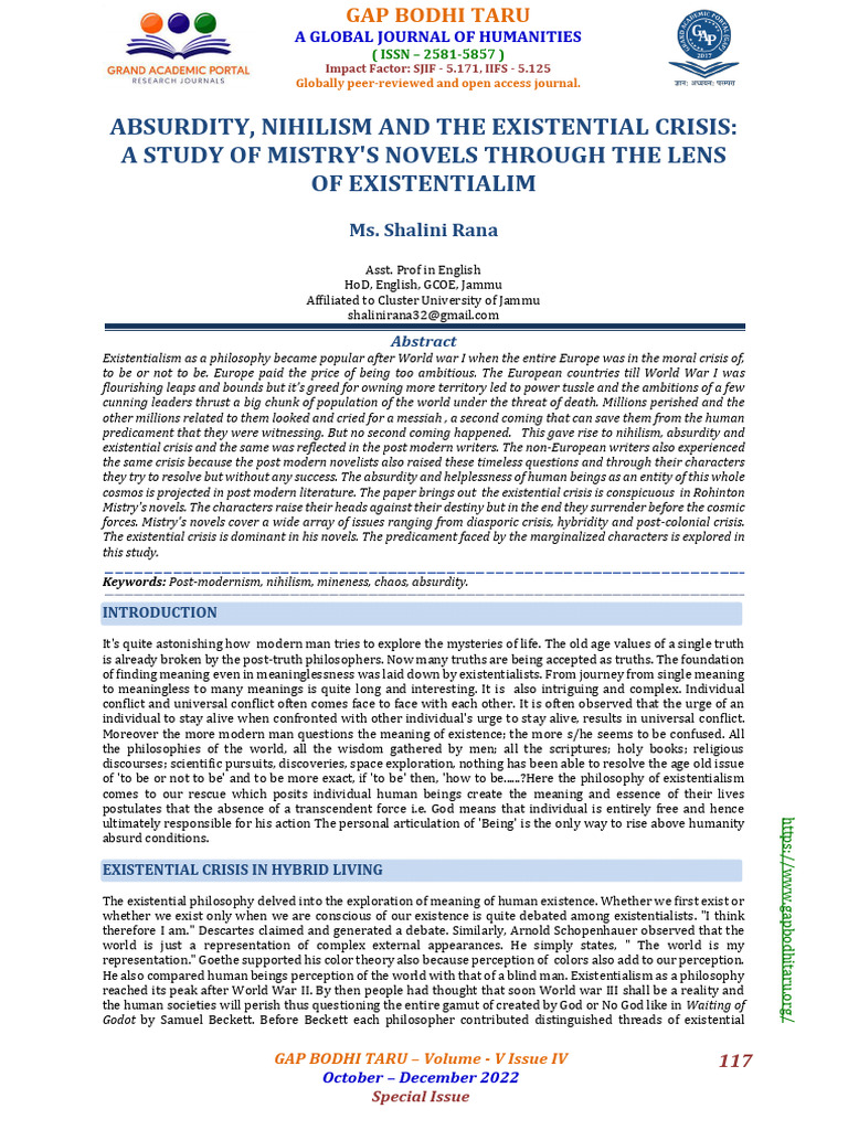 (117-120) Absurdity, Nihilism and The Existential Crisis A Study of Mistrys Novels Through The ...