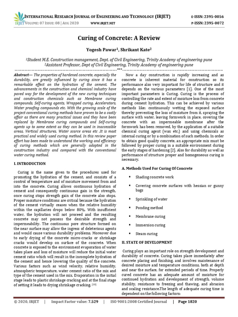 IRJET Curing of Concrete A Review | PDF | Concrete | Silicon Dioxide