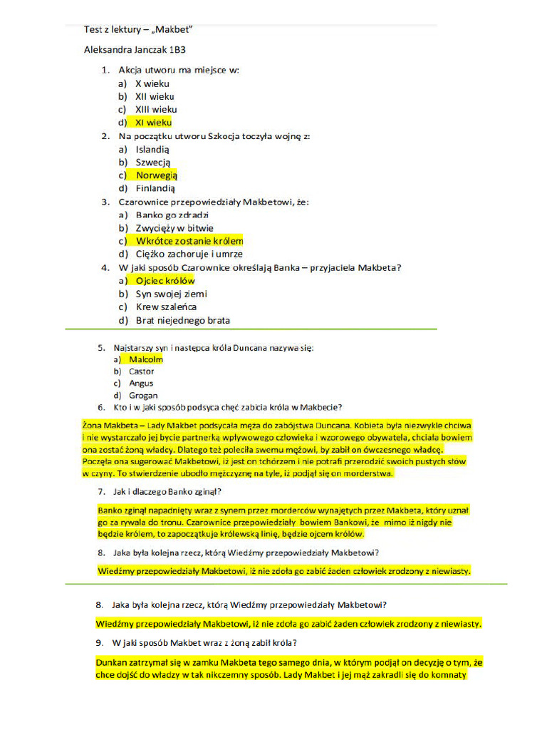 Makbet - Kartkówka Z Odp | PDF
