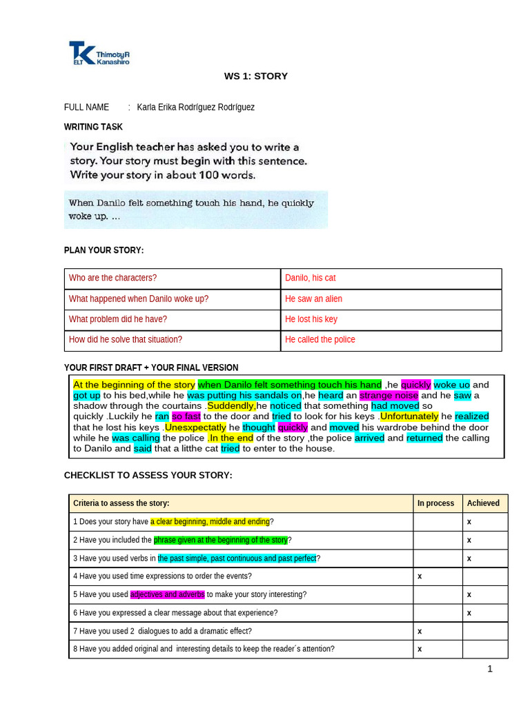 B1 WS1 - Story (Karla Erika Rodriguez Rodriguez) PET 3 | PDF | Semantic Units | Language Mechanics