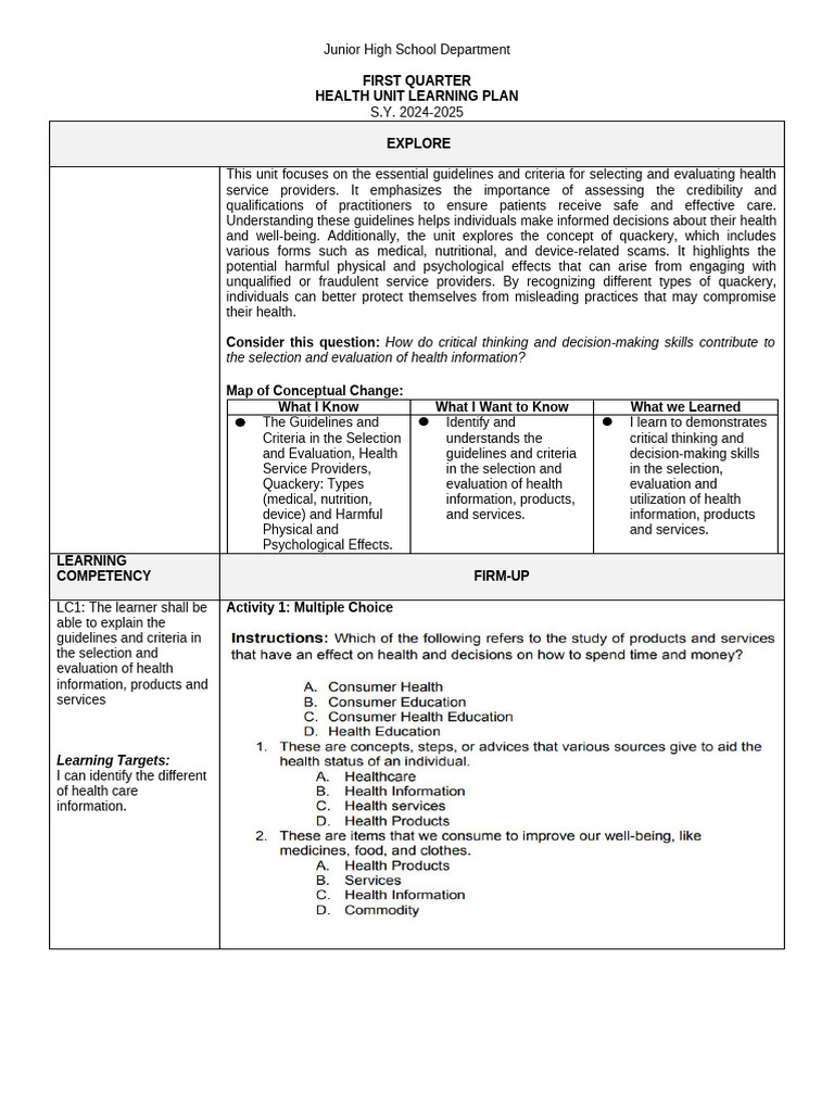 Junior High Health Education Plan | PDF | Alternative Medicine ...