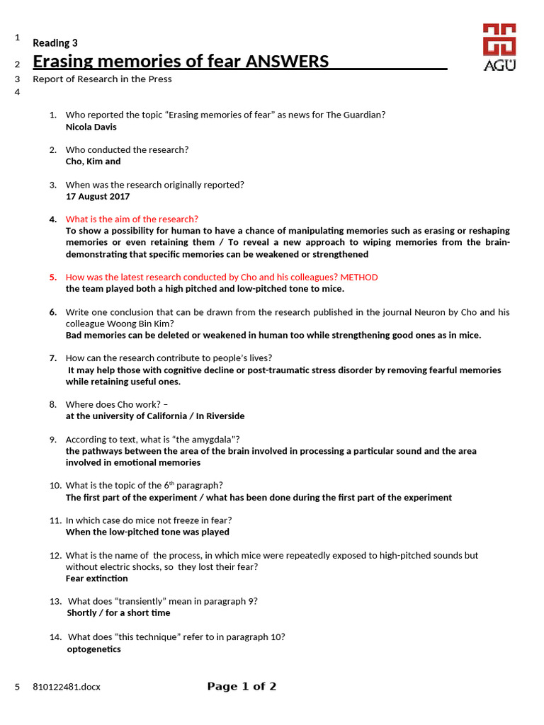 Erasing Memories of Fear ANSWERS | PDF | Memory | Fear