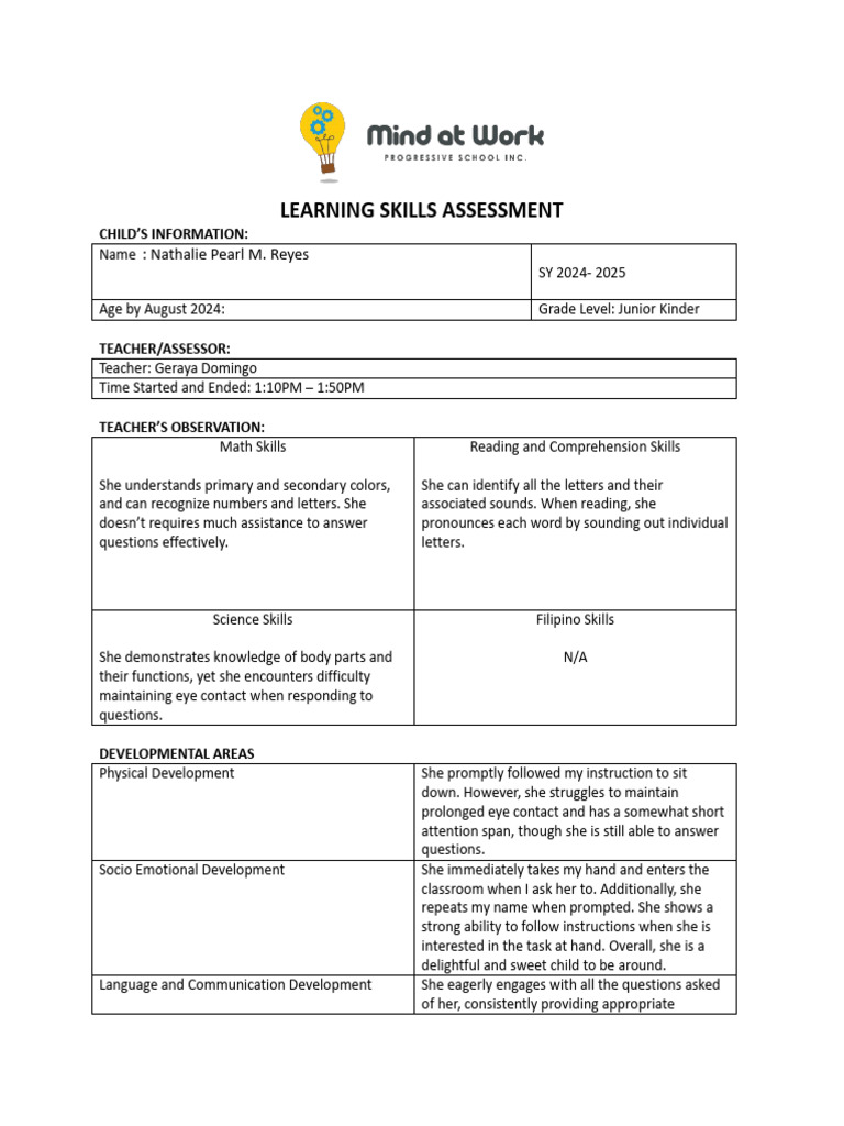 Learning-skills-Assessment - Nathalie Pearl M. Reyes | PDF | Cognition ...