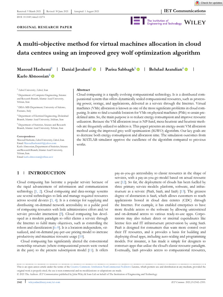 IET Communications - 2021 - Hashemi - A Multi Objective Method For Virtual Machines Allocation ...