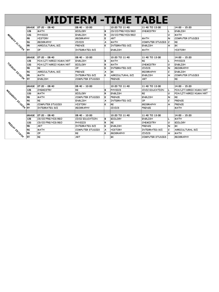 Midterm Lesson - Timetable 2024 | PDF | Science | Natural Sciences