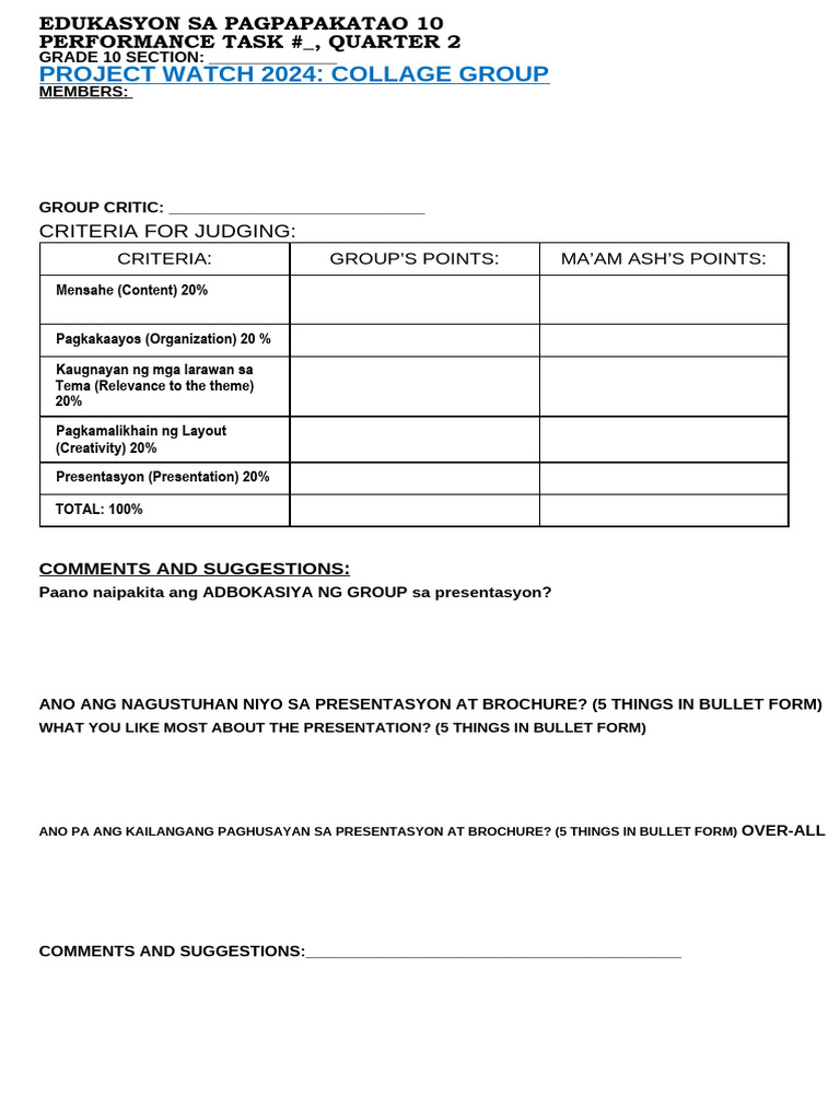 Project Watch Rubrics Pdf