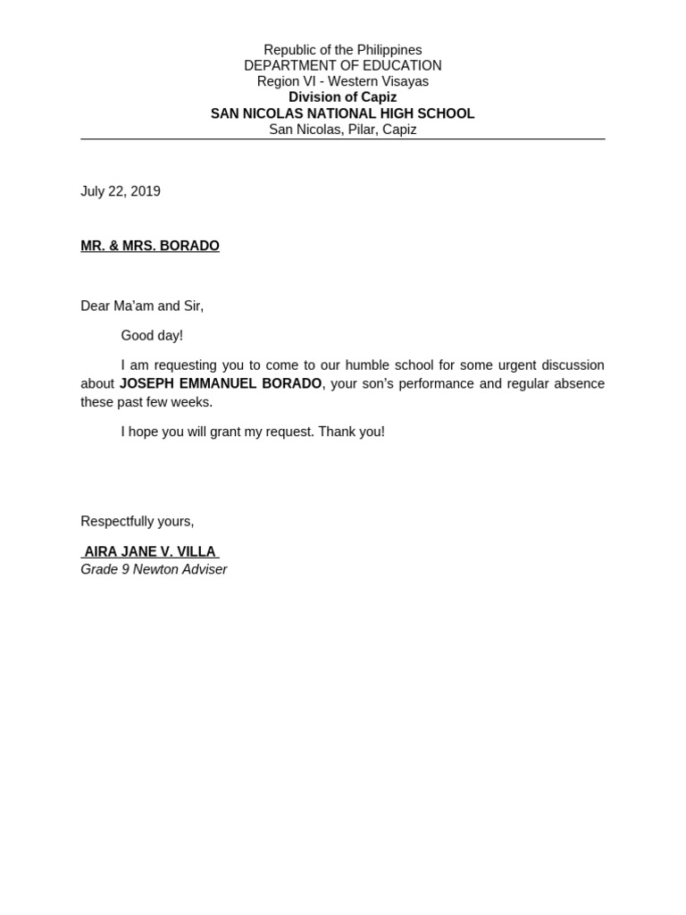 Letter for Advisory | PDF