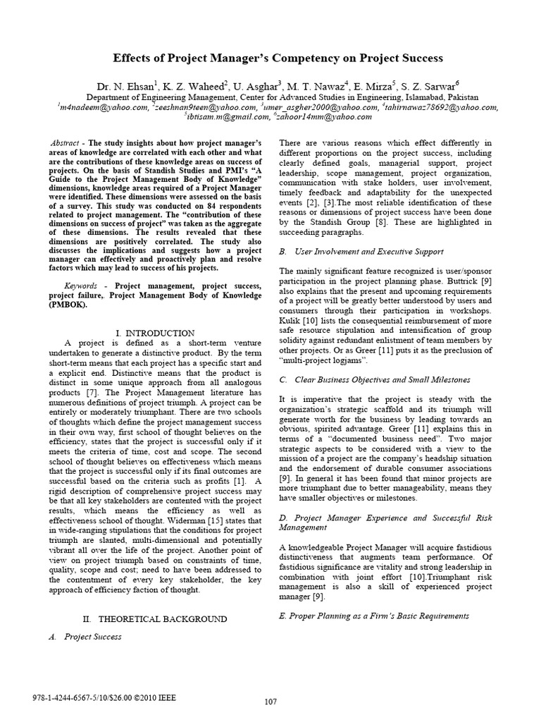 Effects of PM Competency On Project Success 2010 | PDF | Cronbach's ...
