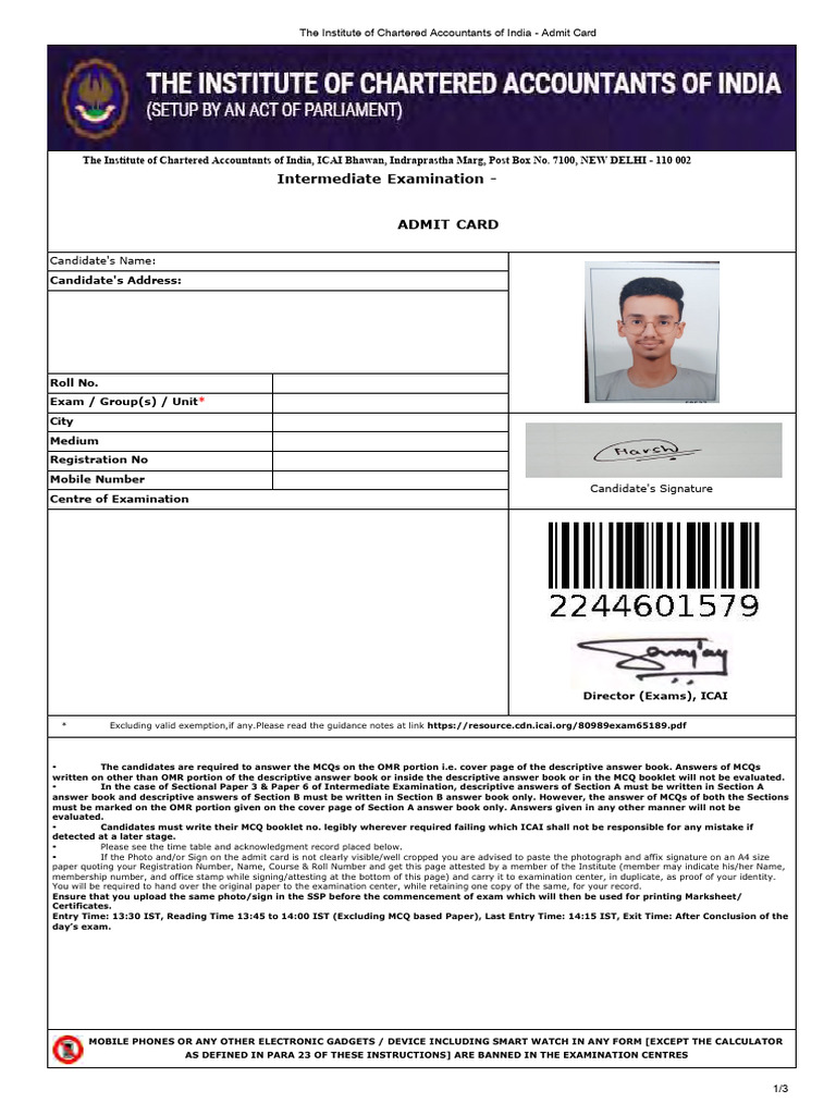 Admit Card 11 | PDF | Multiple Choice | Books