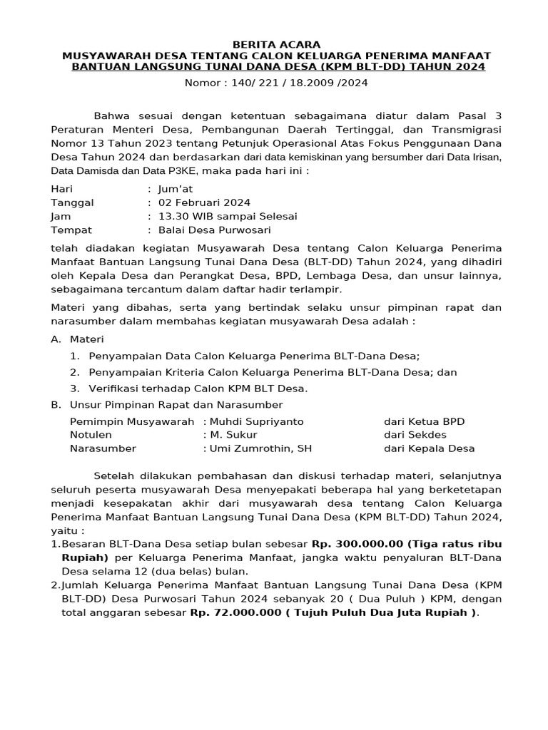 BA. Musdes KPM BLT - DD 2024 | PDF | Politik