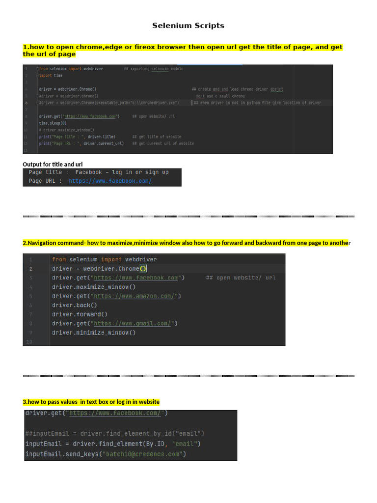 Selenium script NOTES | PDF | Html Element | Web Development Selenium script NOTES | PDF | Html Element | Web Development