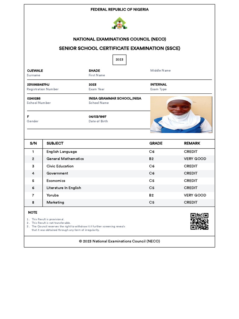 Ojewale Shade NECO Result | PDF