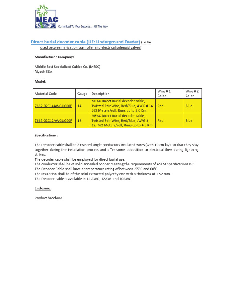 MEAC Direct Burial Decoder Cable | PDF | Electrical Conductor ...