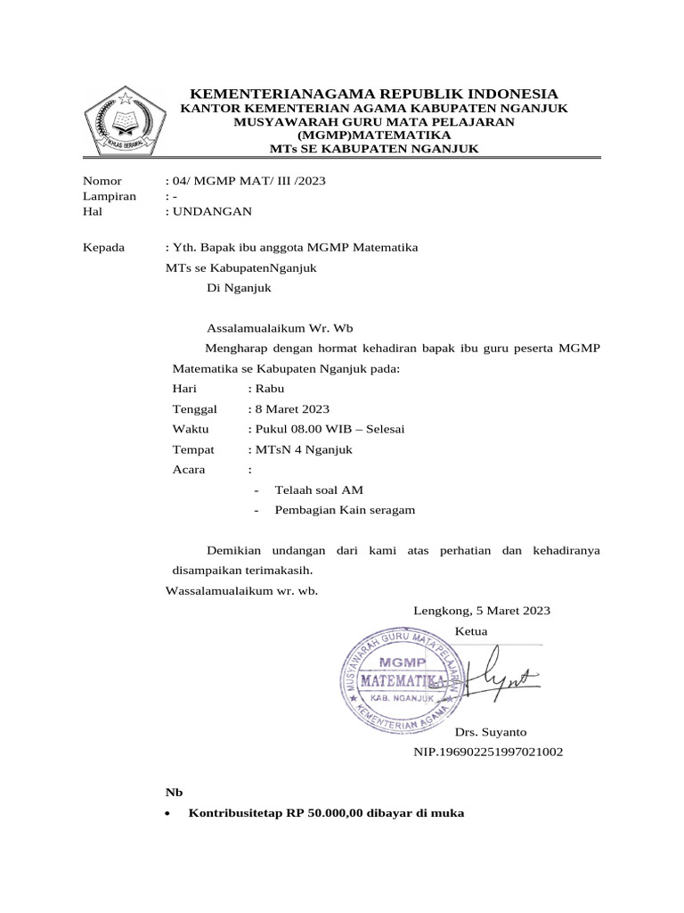 Undangan MGMP 8 Maret 23 | PDF