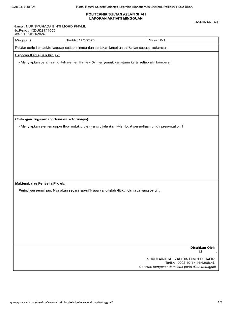 Politeknik Sultan Azlan Shah Laporan Aktiviti Mingguan | PDF