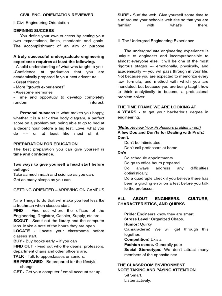Civil Engineering Orientation Reviewer For Midterms | PDF