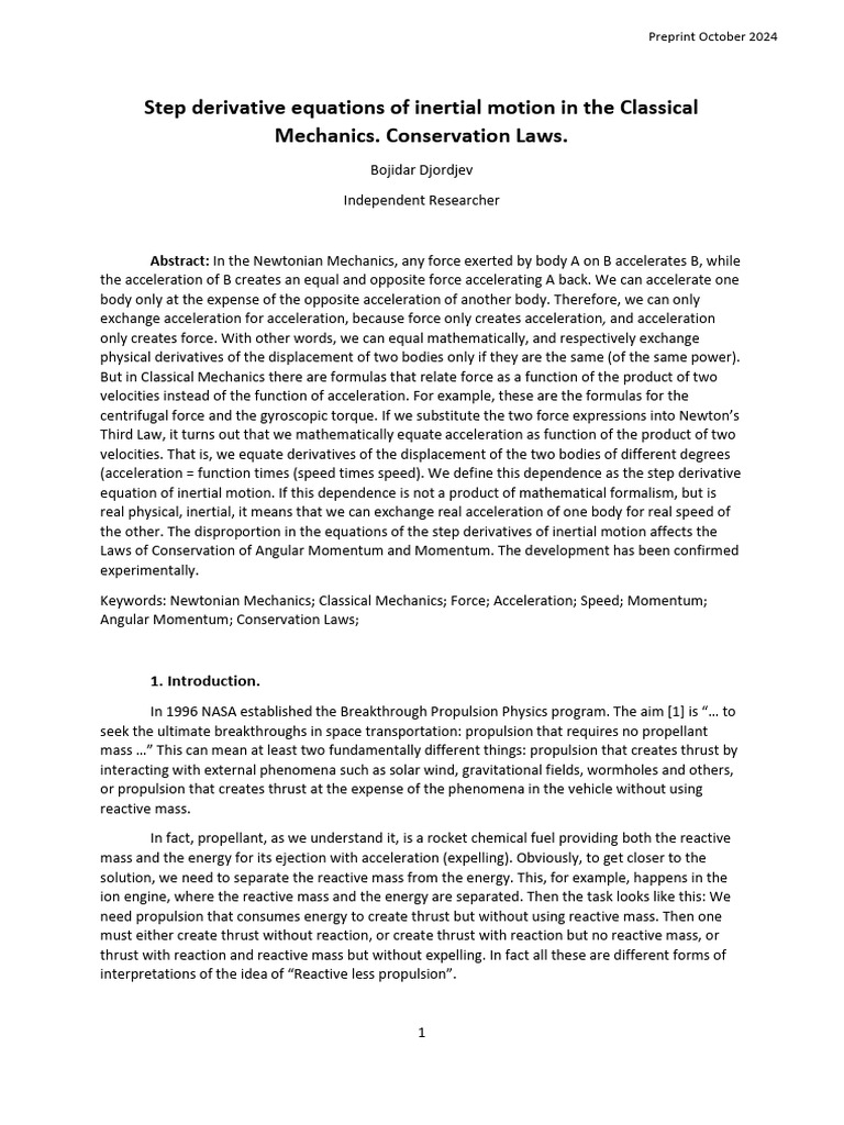 Oct Preprint Step Derivative Equations of Inertial Motion in The ...