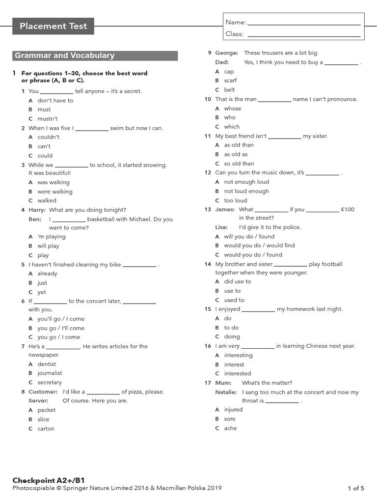Checkpoint A2+ B1 Placement Test | PDF