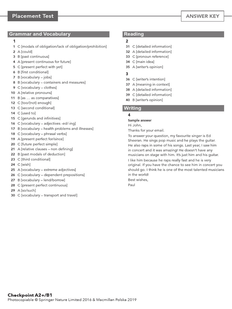 Checkpoint A2+ B1 Placement Test Answer Key | PDF | Linguistics | Grammar