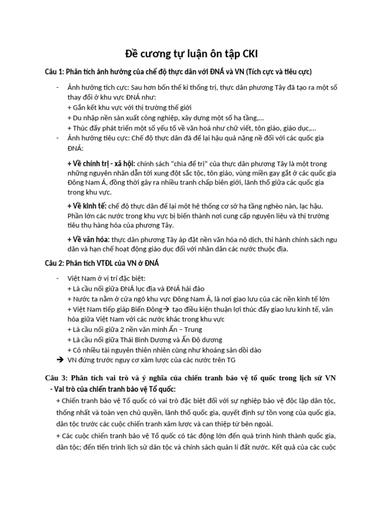 Đề cương tự luận ôn tập CKI | PDF