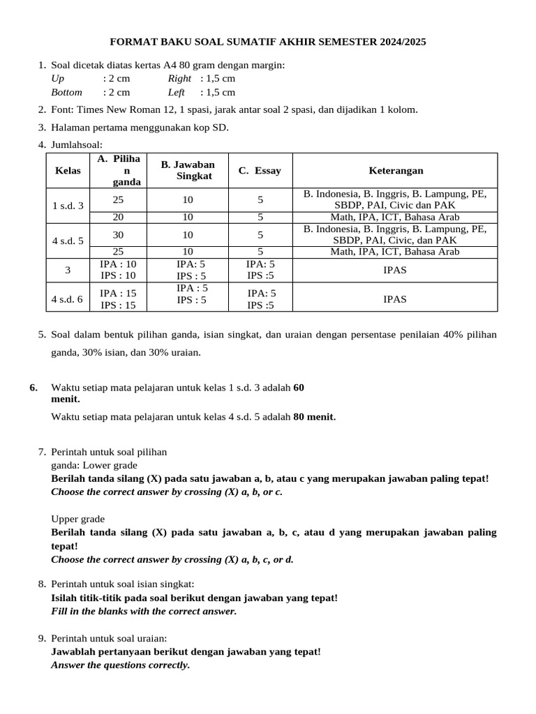 Format Baku Soal Dan Kisi-Kisi Sas 2024-2025 | PDF