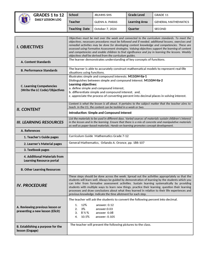 Q2 - Week 1 - GenMath DLP | PDF | Interest | Learning