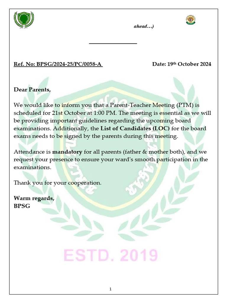 BPSG Parent-Teacher Meeting Notice | PDF
