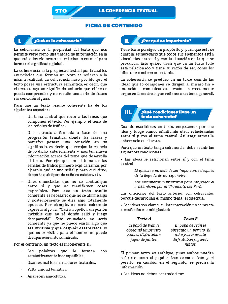 COM 5to - UdA 04 - 2 Ficha de Contenido La Coherencia Textual | PDF