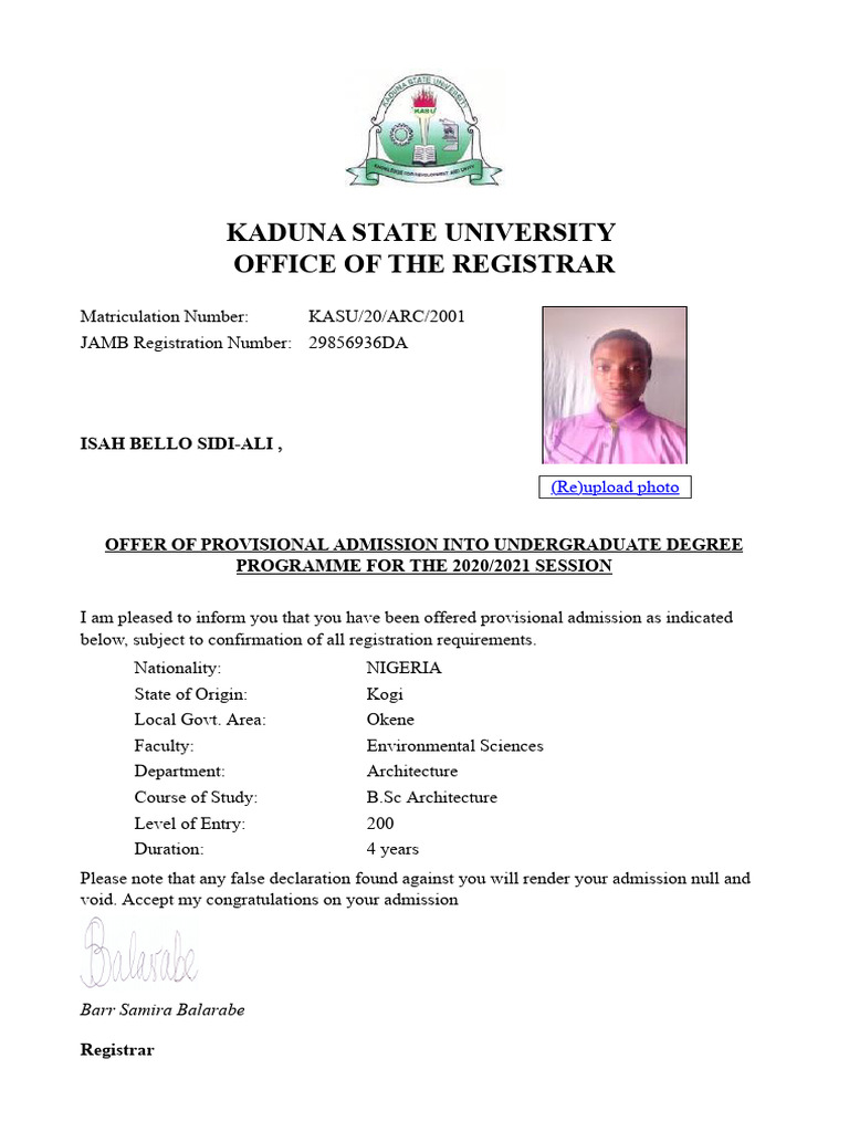 My Admission Letter | Kaduna State University | PDF