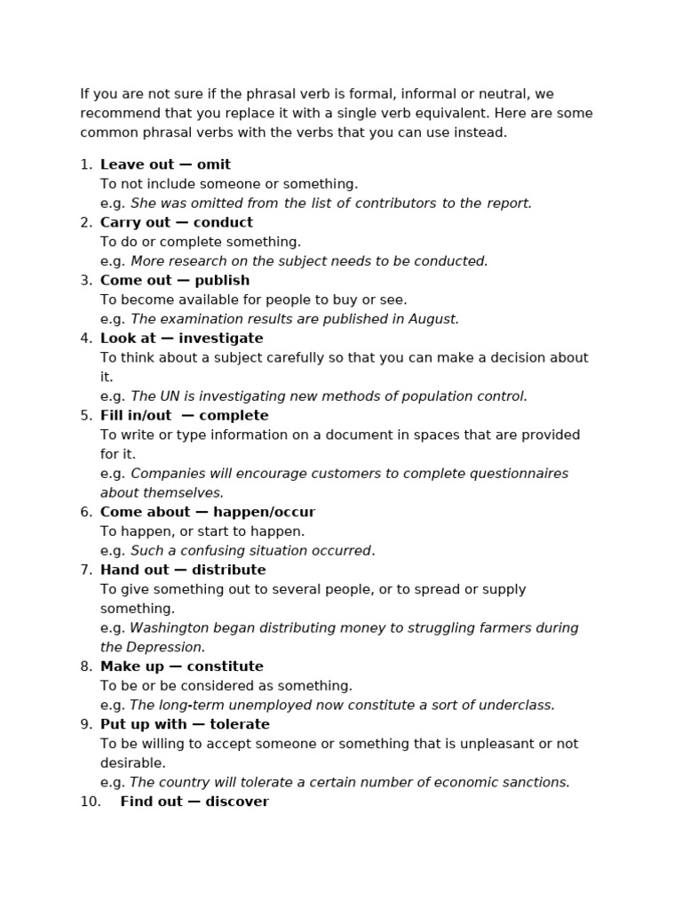 Formal Equivalents of Phrasal Verbs | PDF | Social Psychology