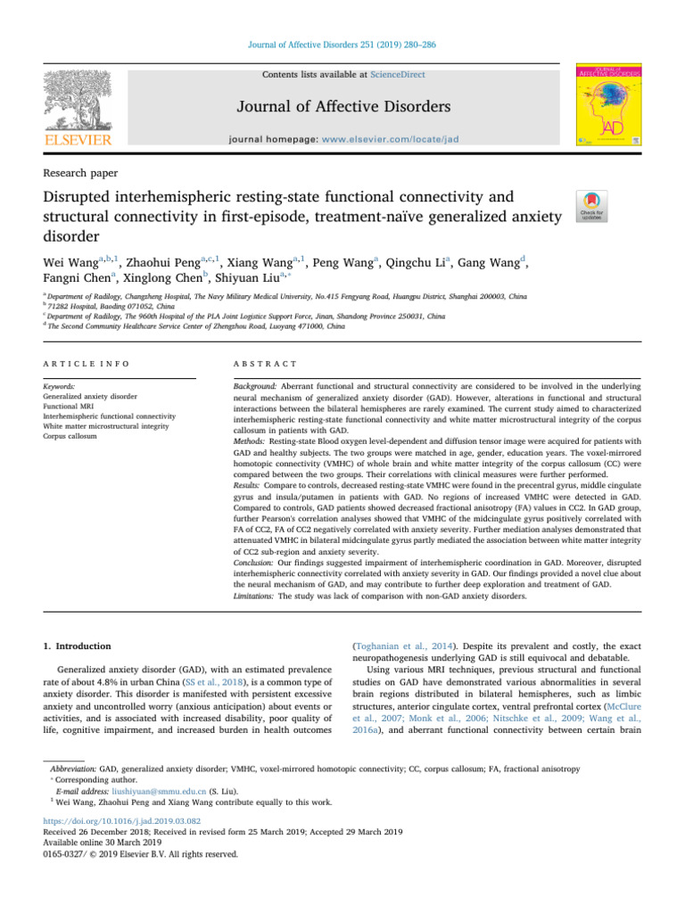 Wang 2019 | PDF | Generalized Anxiety Disorder | Cingulate Cortex