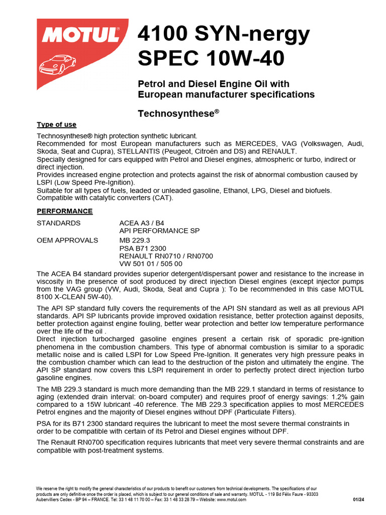 4100 SYNnergy SPEC10 W40 | PDF | Diesel Engine | Motor Vehicle