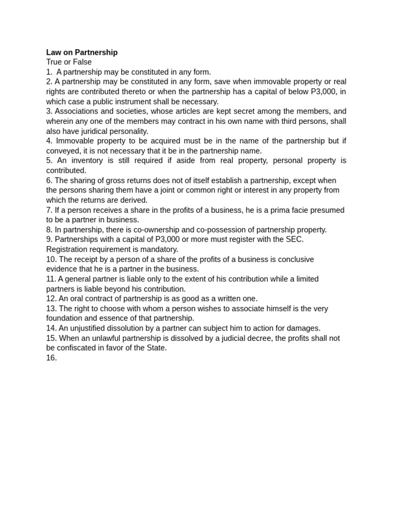 Quiz Law On Partnership | PDF | Law