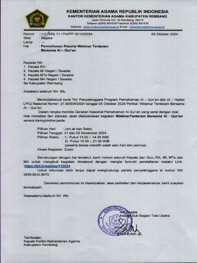 Permohonan Peserta Webinar Tenteram Bersama Al - Qur'an | PDF