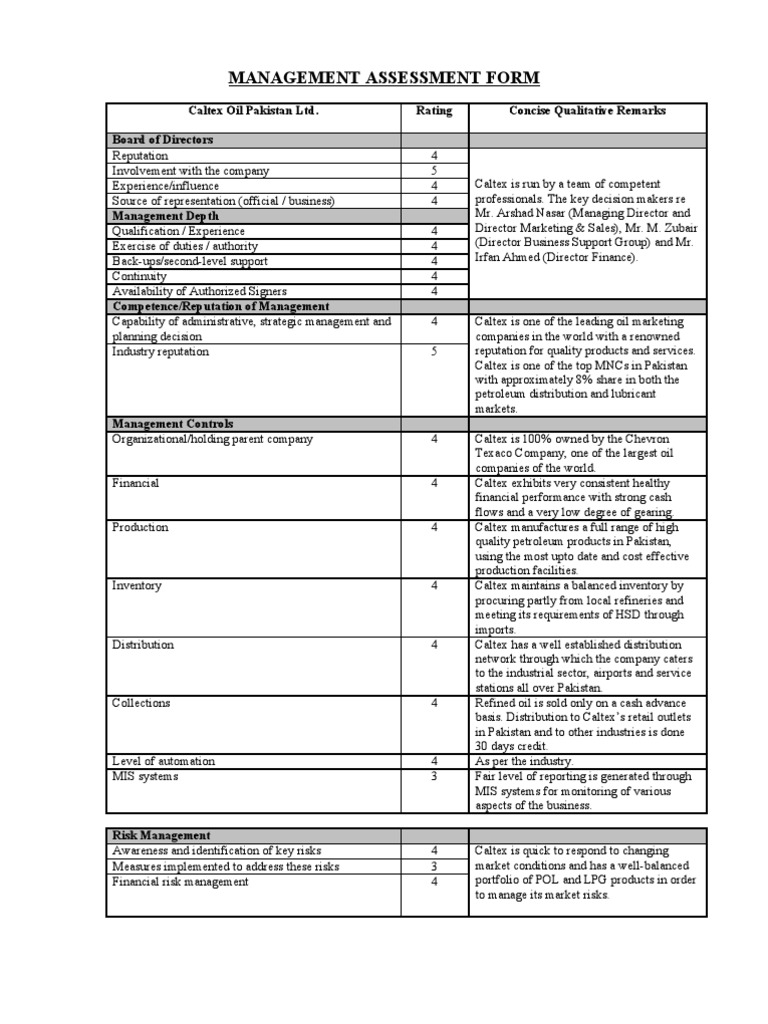 Management Assessment Form 2002 | PDF | Board Of Directors | Petroleum