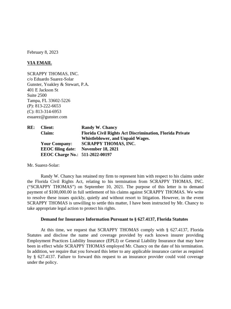 Florida Civil Rights Act Discrimination Claim | PDF | Damages | Lawsuit