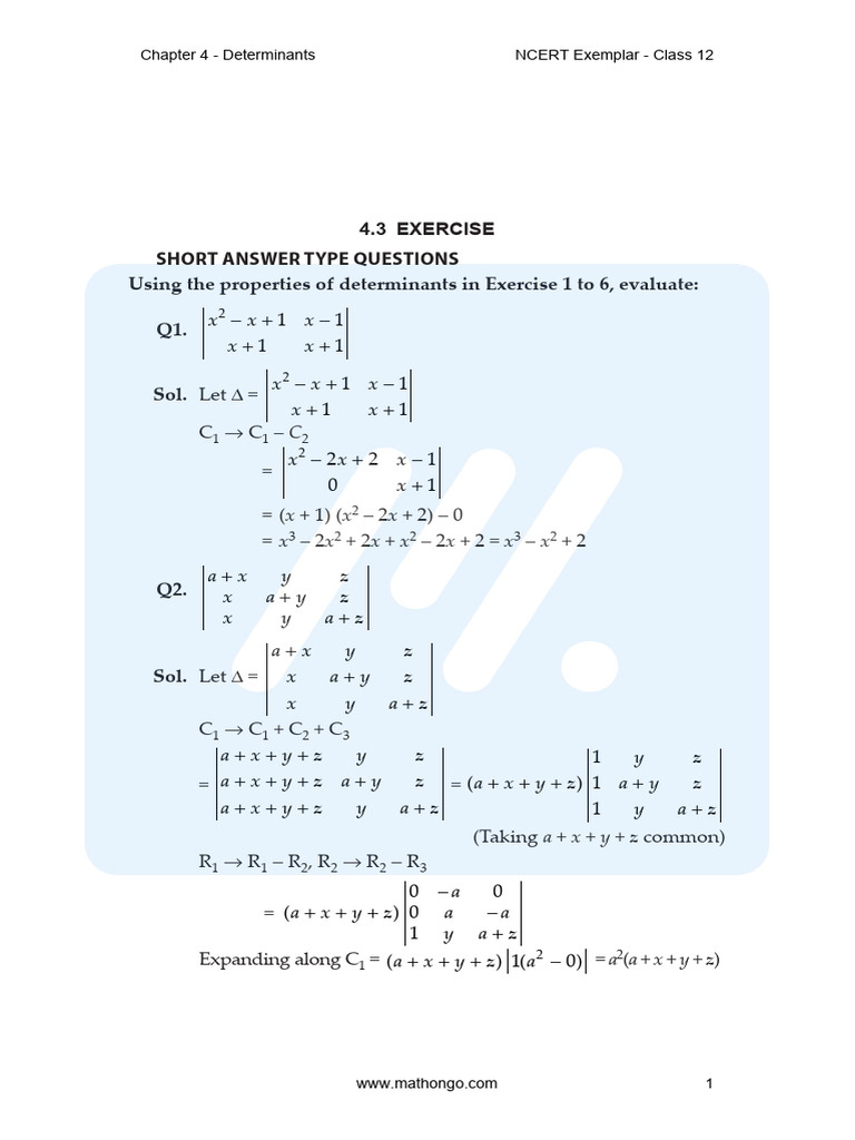 Ncert Exemplar Math Class 12 Chapter 04 Determinants | PDF | Euclidean Plane Geometry ...
