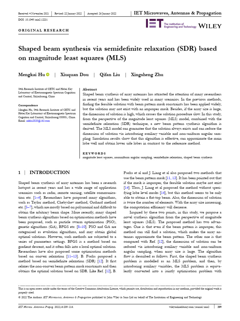 IET Microwaves Antenna Prop - 2022 - Hu - Shaped Beam Synthesis via Semidefinite Relaxation SDR ...