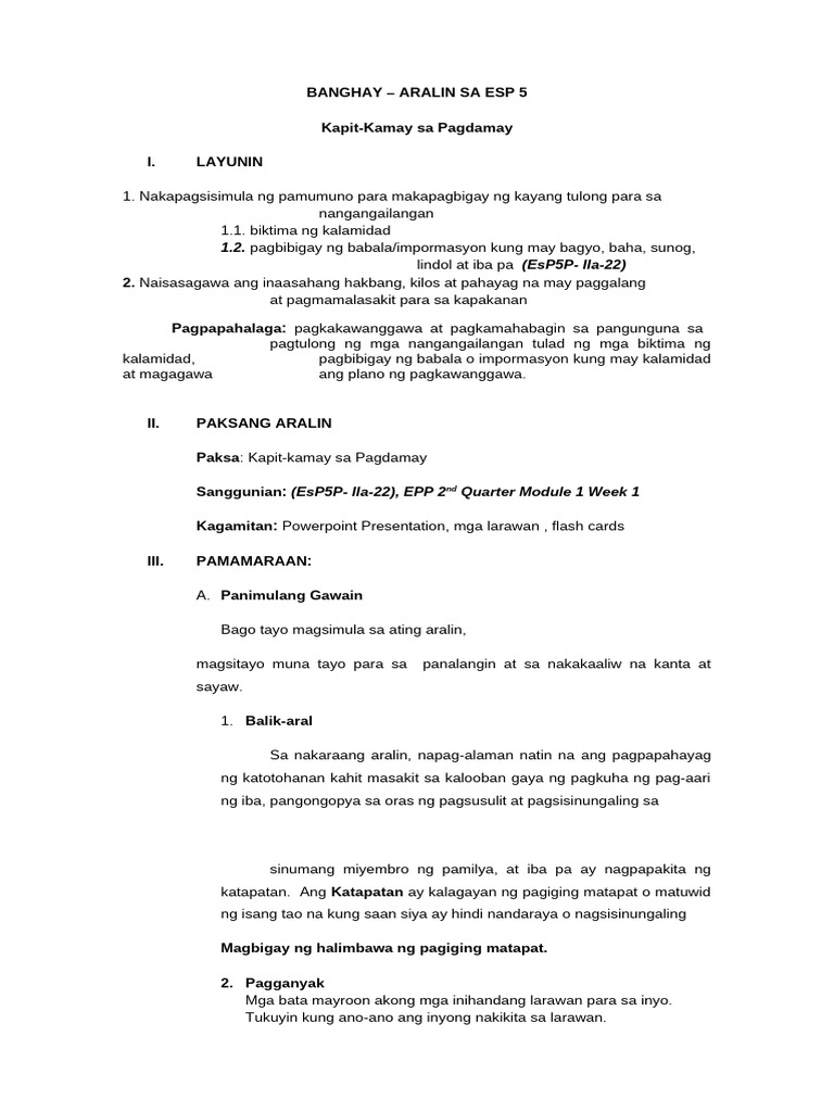 Banghay - Aralin Sa Esp 5 Kapit-Kamay Sa Pagdamay I. Layunin | PDF