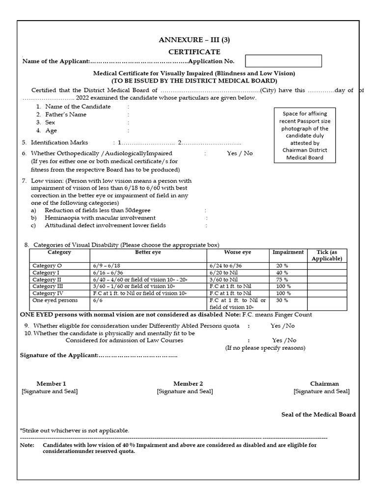 Visual Disability Medical Certificate | PDF | Visual Impairment ...
